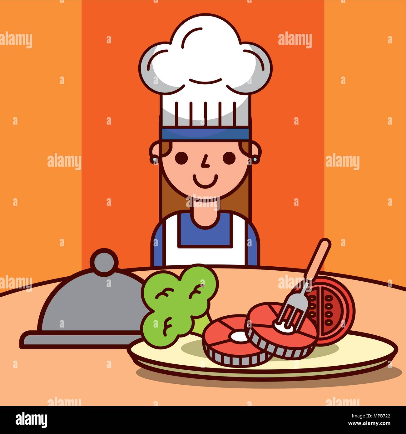 chef girl cartoon dinner preparation fish tomato broccoli Stock Vector ...