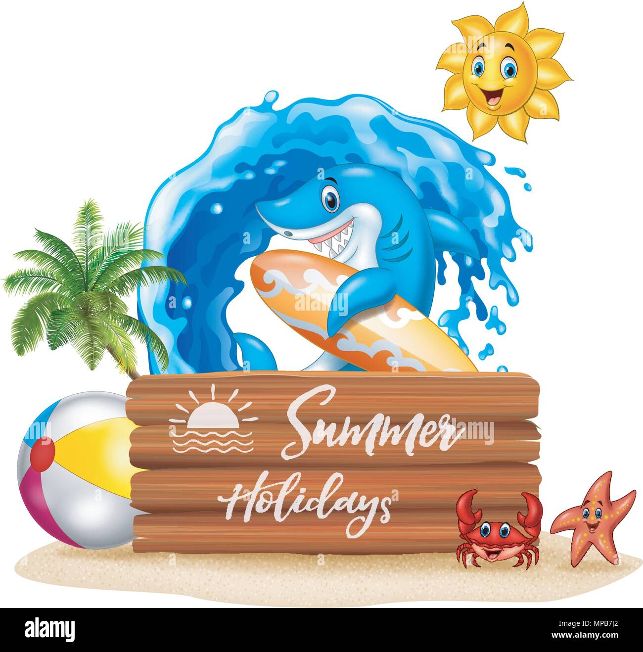Summer background with surfing shark and wooden sign Stock Vector Image ...