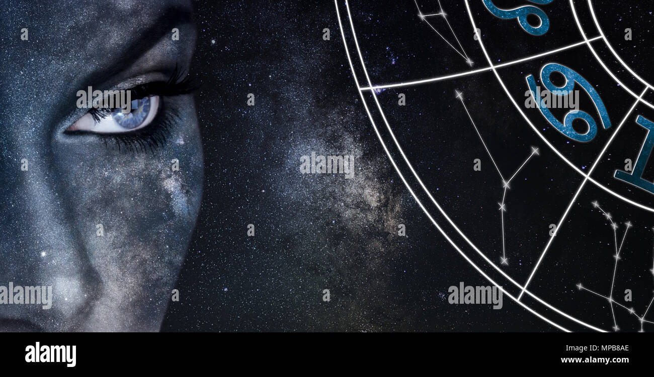 Cancer Horoscope Sign. Astrology women night sky background Stock Photo ...