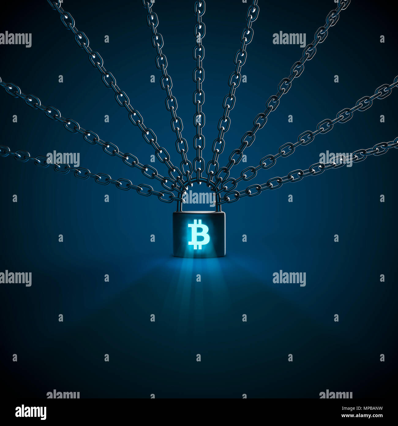 Bitcoin blockchain concept / 3D illustration of chains held together by ...