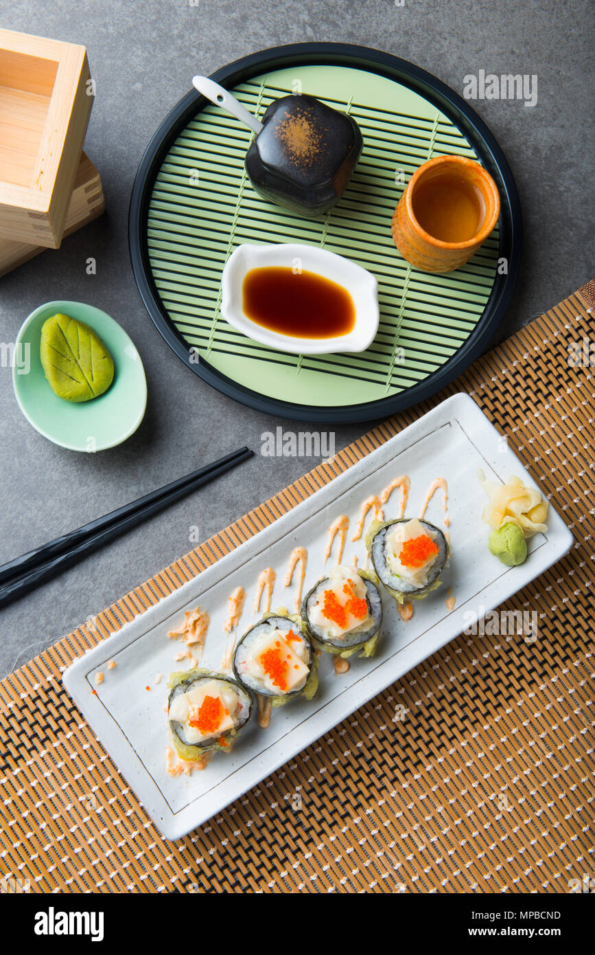 abalone salad roll sushi with tempura flat lay Stock Photo - Alamy