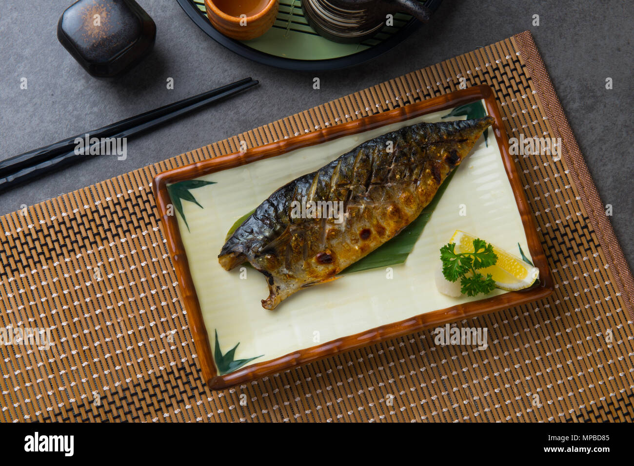 Saba fish grilled japanese food flat lay Stock Photo - Alamy
