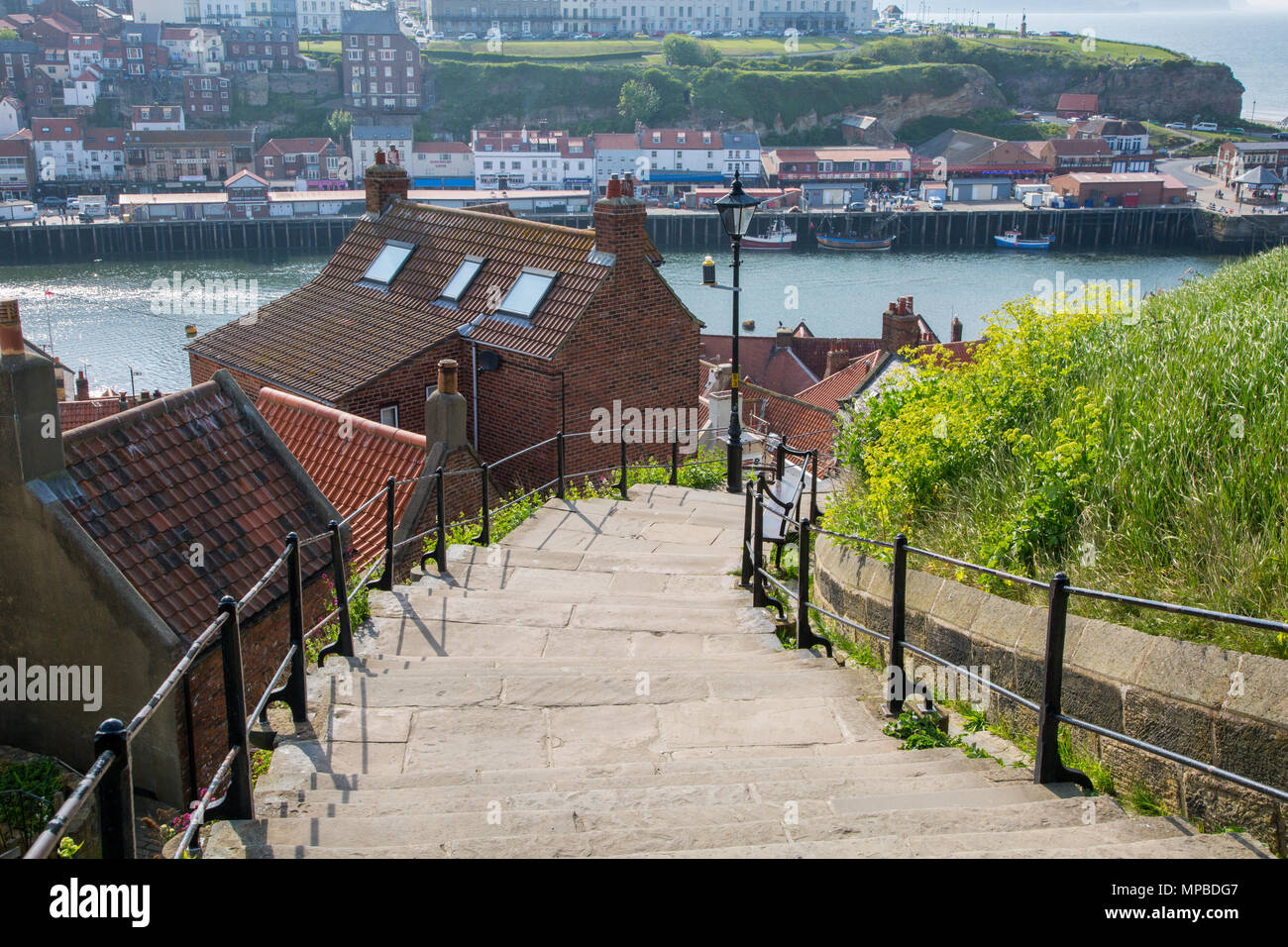 The 199 steps in Whitby which lead up to Whitby Abbey in Yorkshire ...