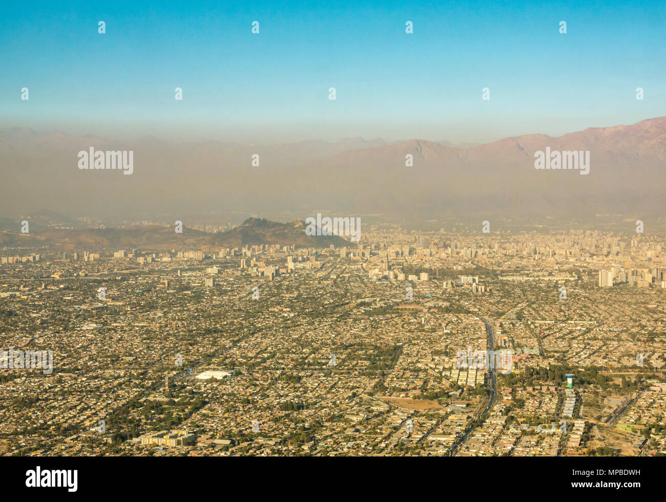 View overlooking Santiago, Chile taken from plane window with Cerro San ...