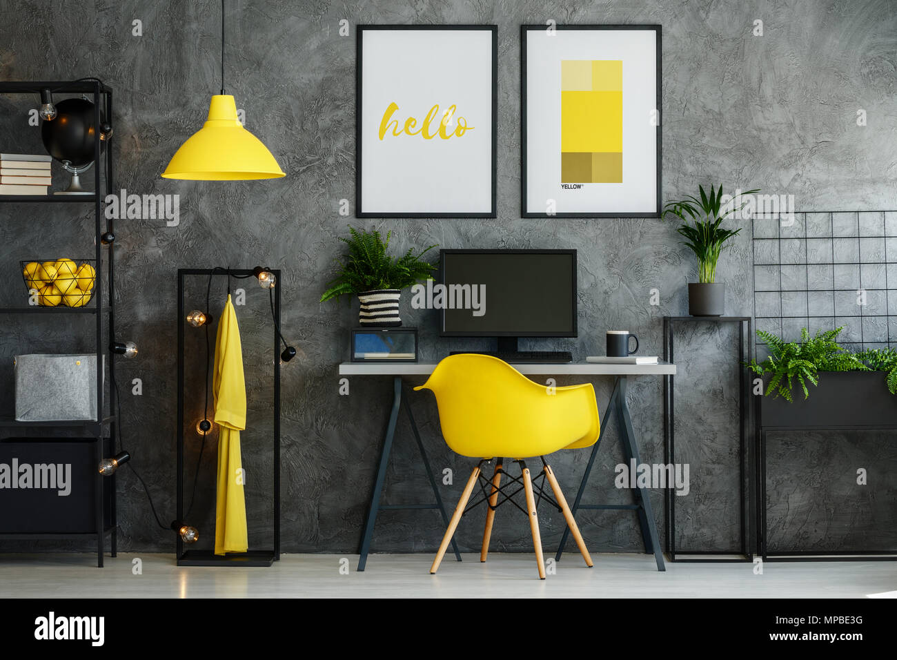 Yellow gray room interior inspiration for industrial loft style ...