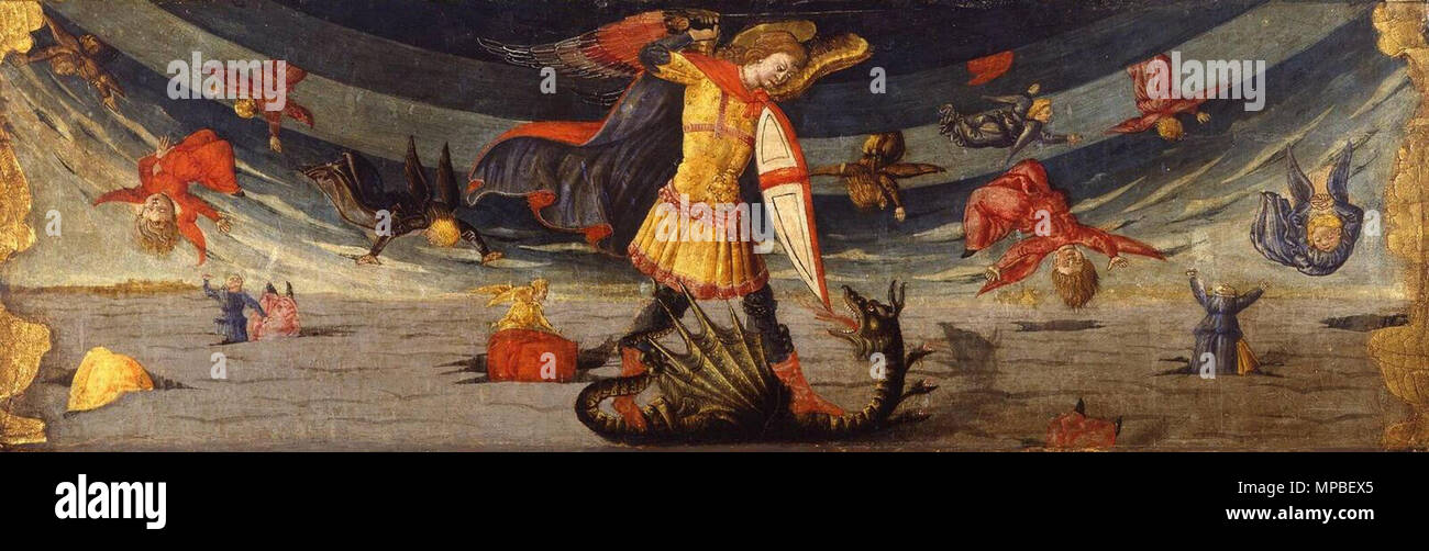The fall of the rebel angels with St Michael fighting the dragon circa ...
