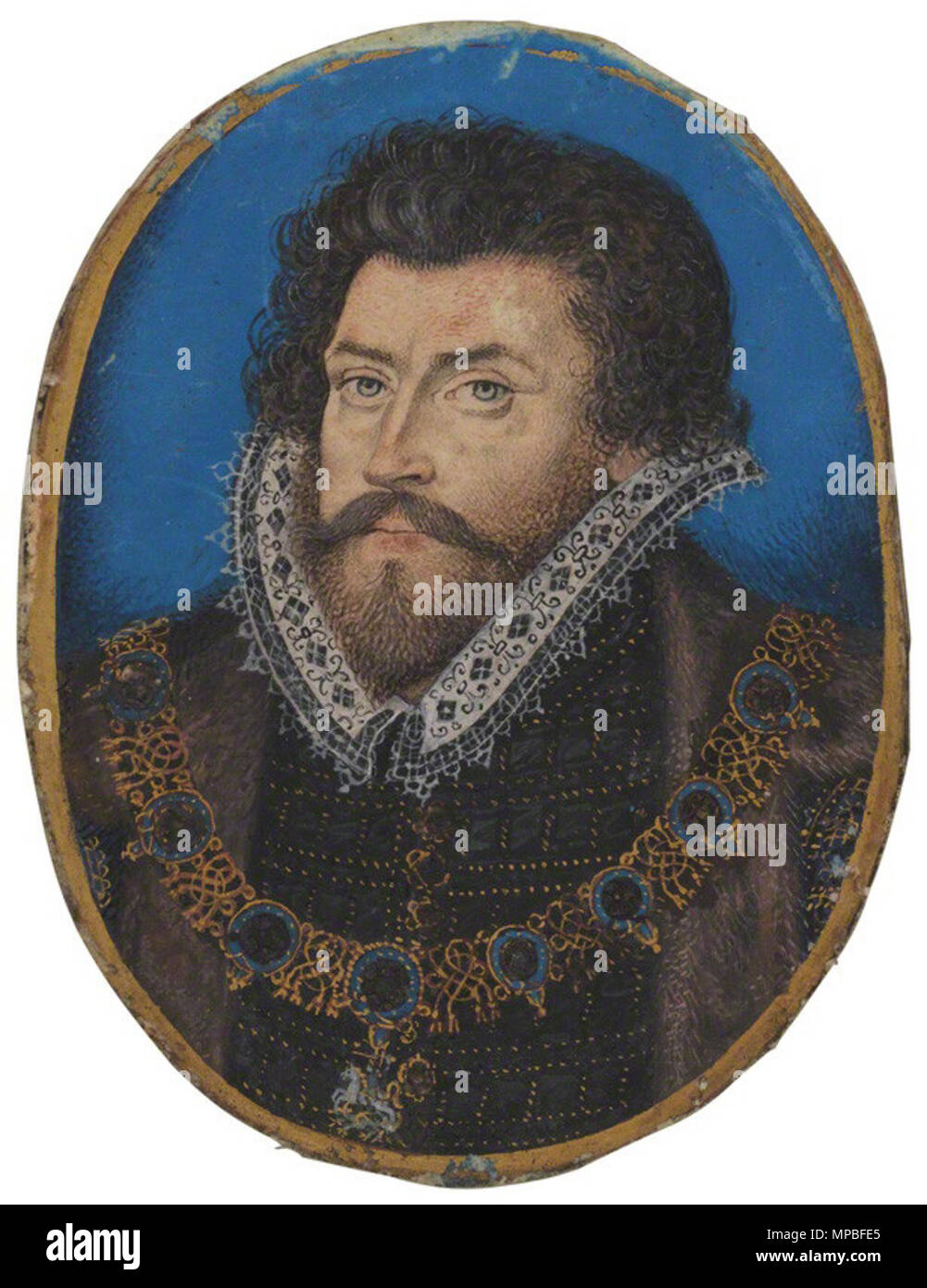 . English: Portrait miniature of Sir Christopher Hatton wearing the ...