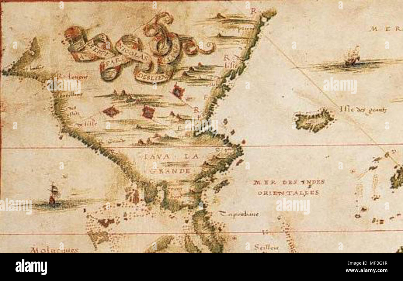 . English: Nicolas Desliens detail of Java la Grande 16th century ...