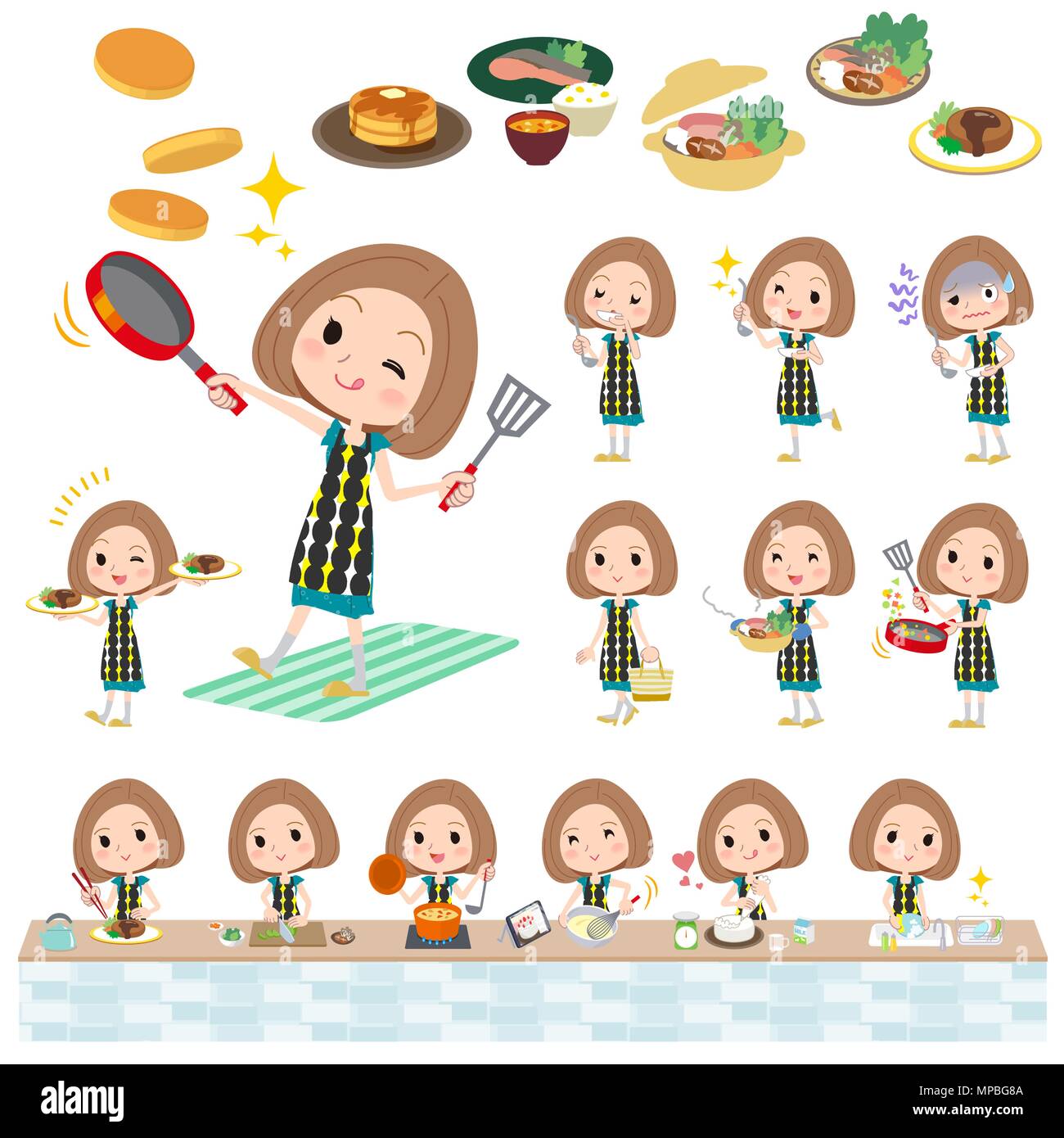 Set of various poses of Bob hair green dress woman cooking Stock Vector ...