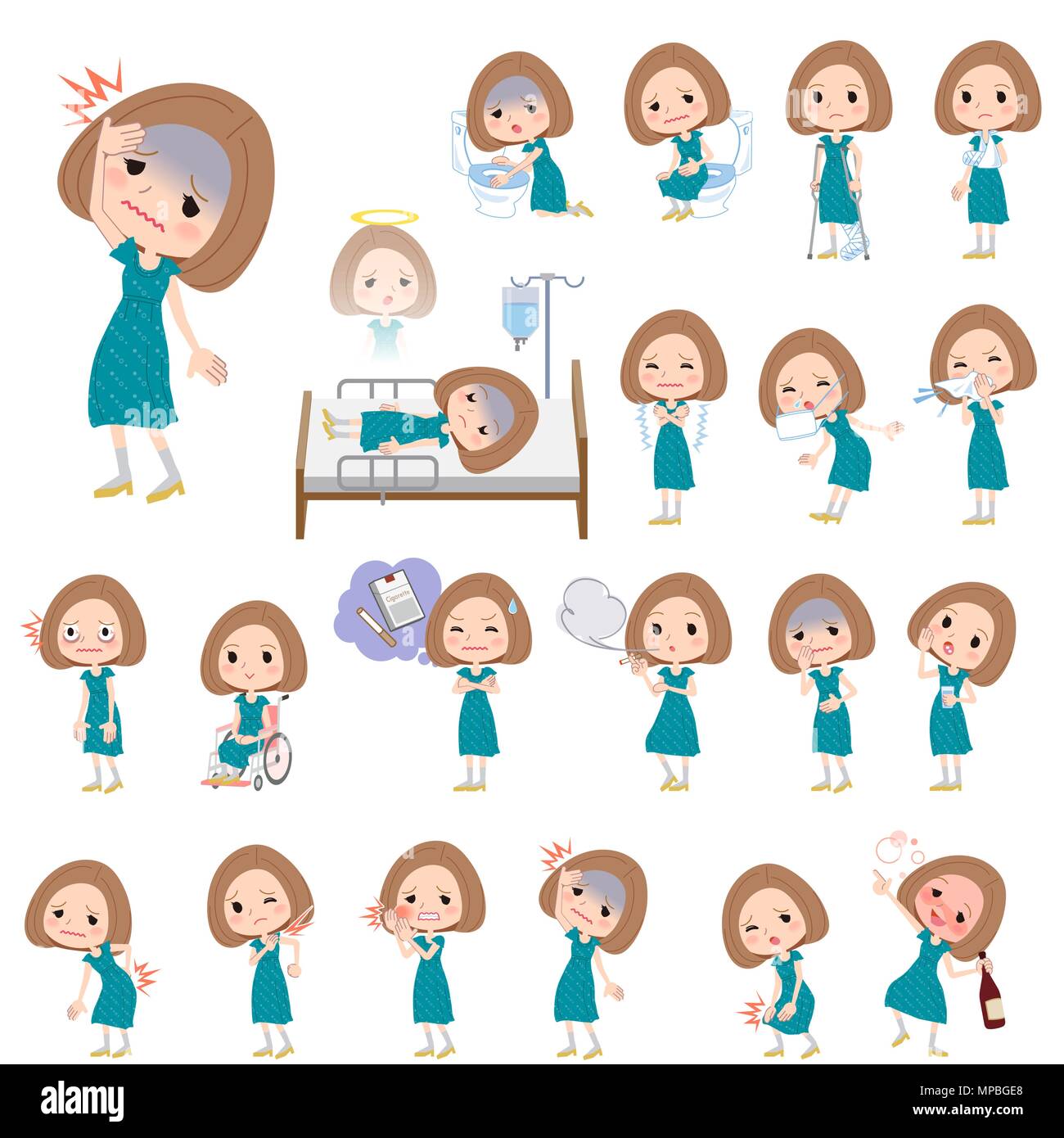 Set of various poses of Bob hair green dress women About the sickness ...