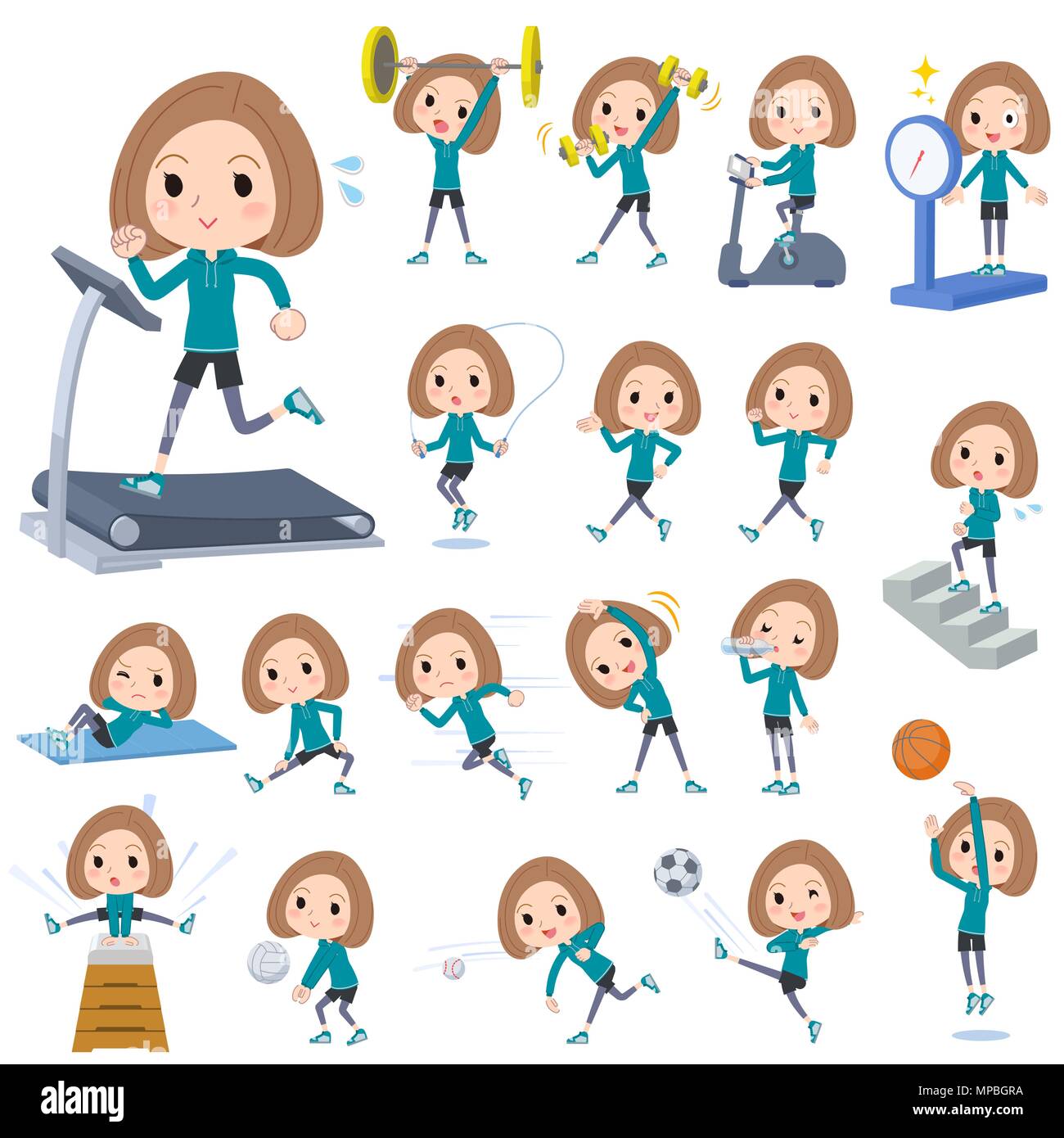 Set of various poses of Bob hair green wear woman Sports & exercise ...