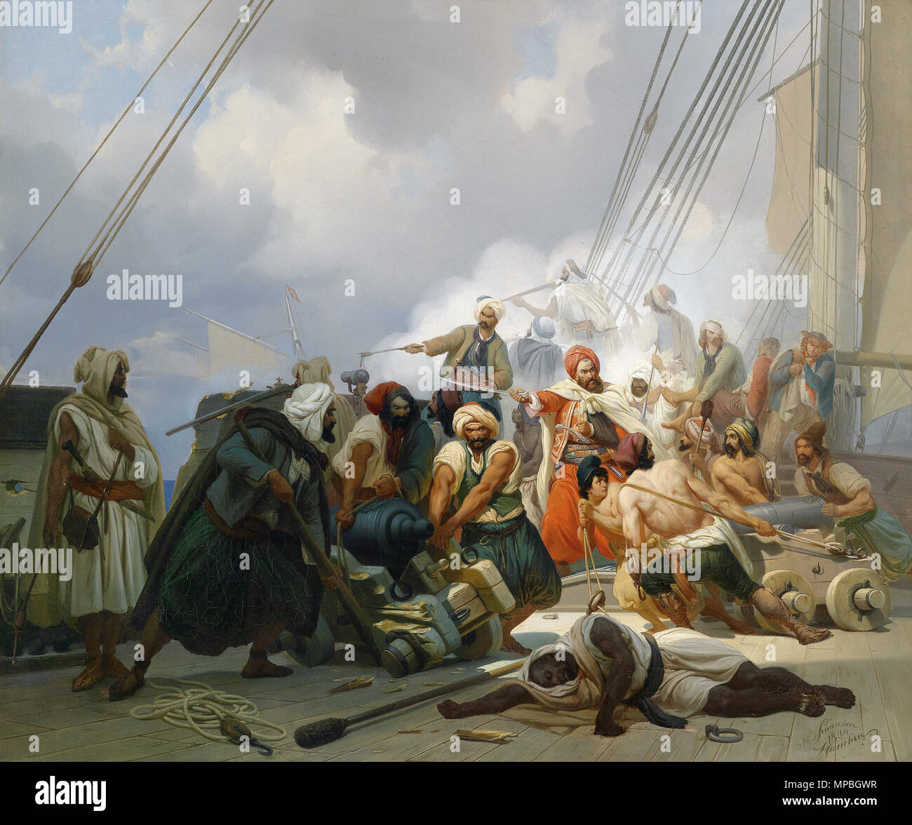 . Deutsch: Seegefecht (Kanonen werden an Deck in Stellung gebracht ...