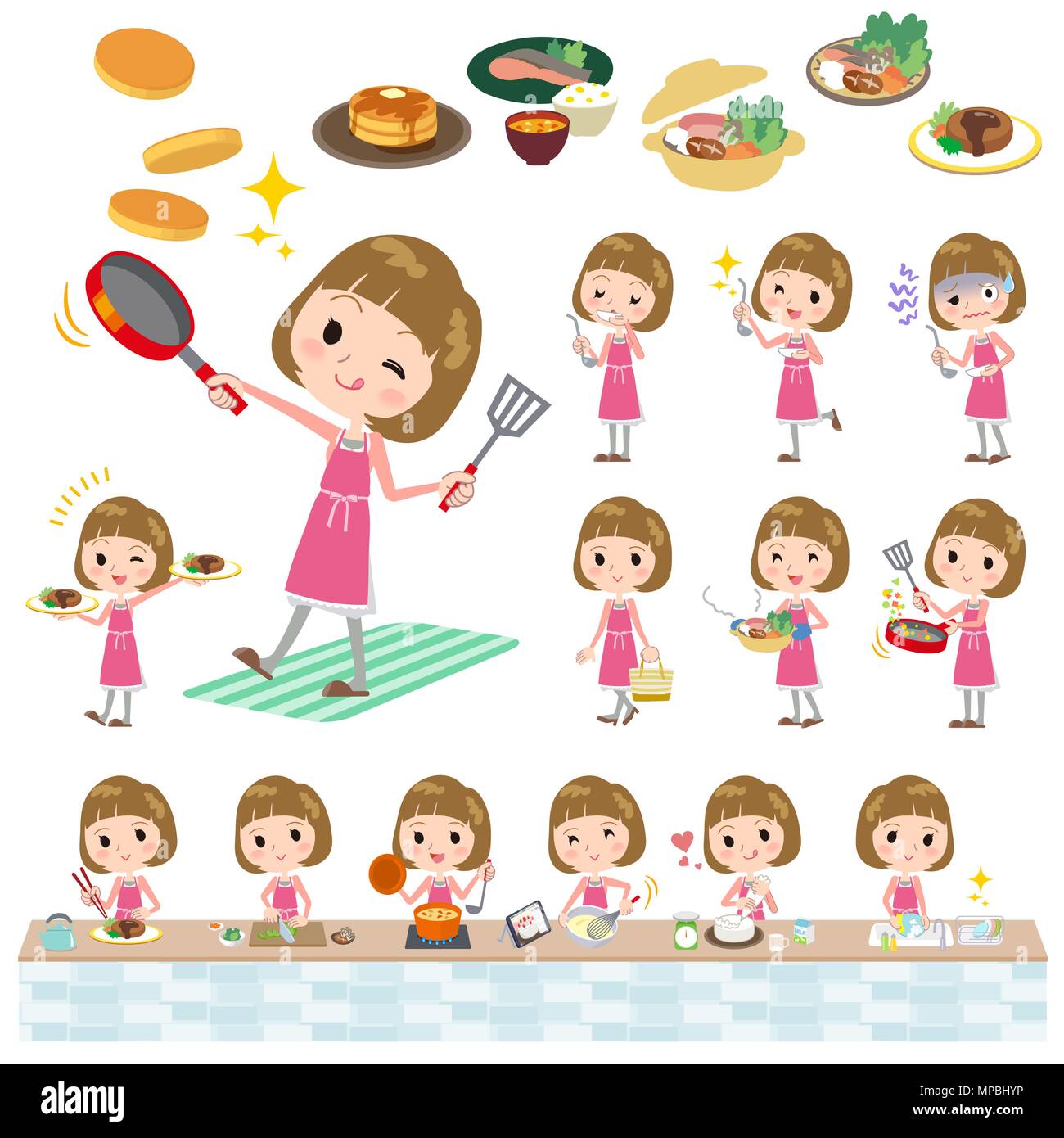 Set of various poses of Straight bangs hair pink blouse women cooking ...