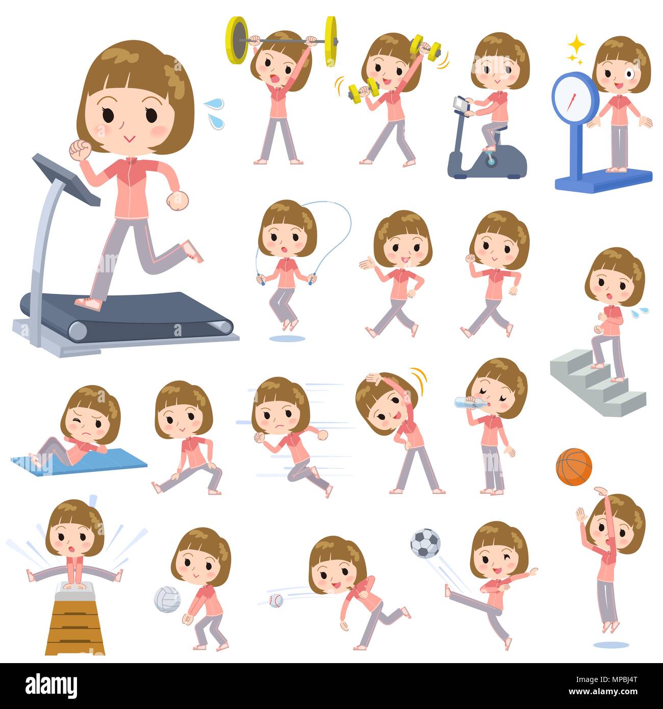 Set of various poses of Straight bangs hair pink wear woman Sports ...