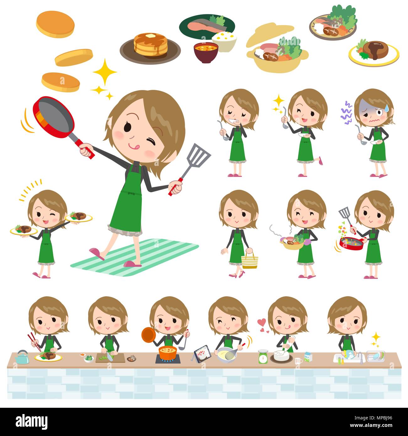 Set of various poses of Short hair black high necked woman cooking ...