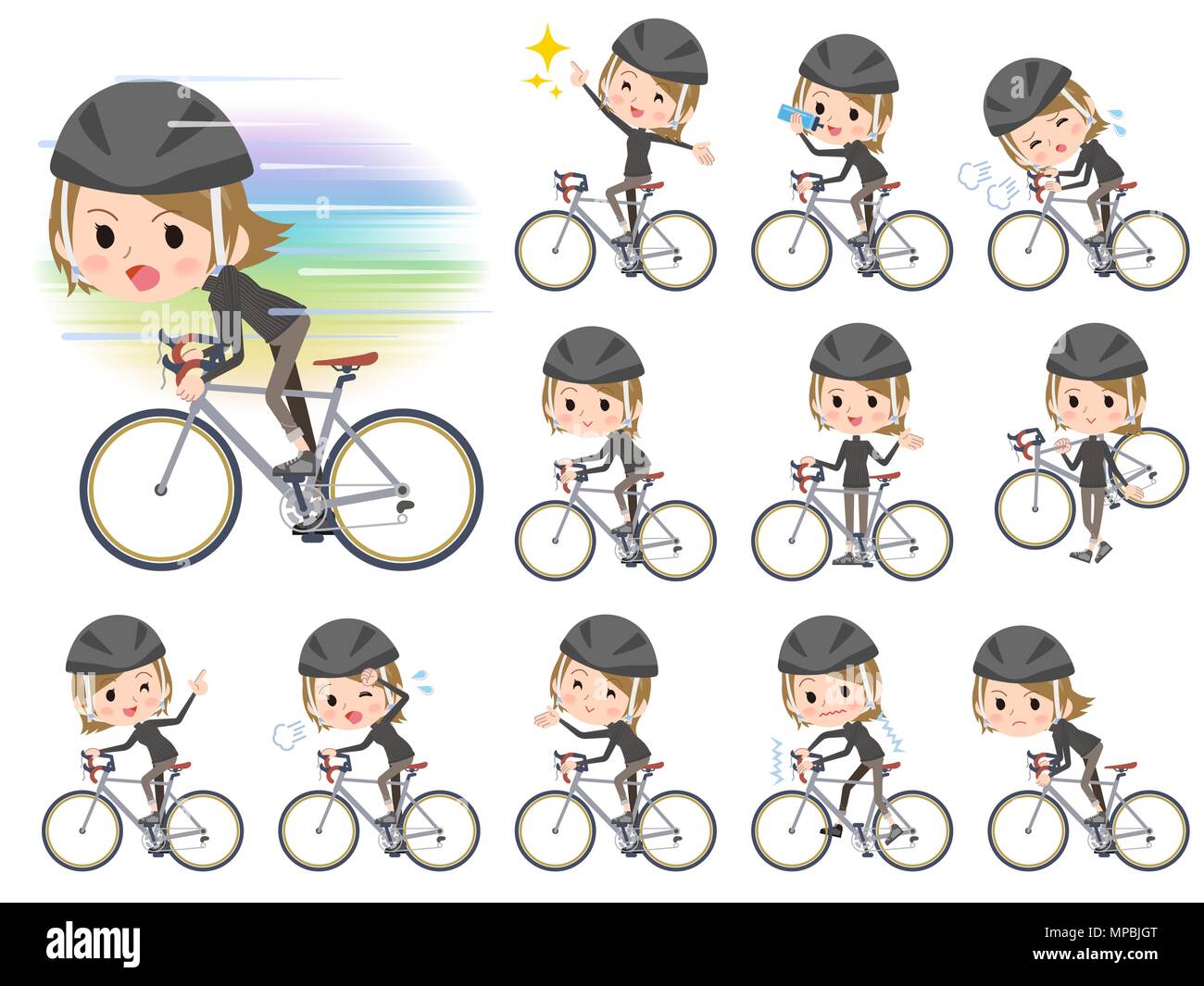 Set of various poses of Short hair black high necked women ride on rode ...