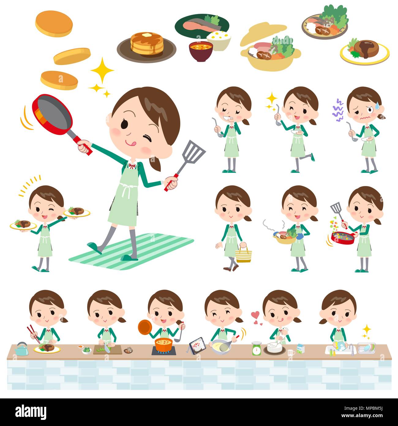 Set of various poses of school girl Green Blazer cooking Stock Vector ...