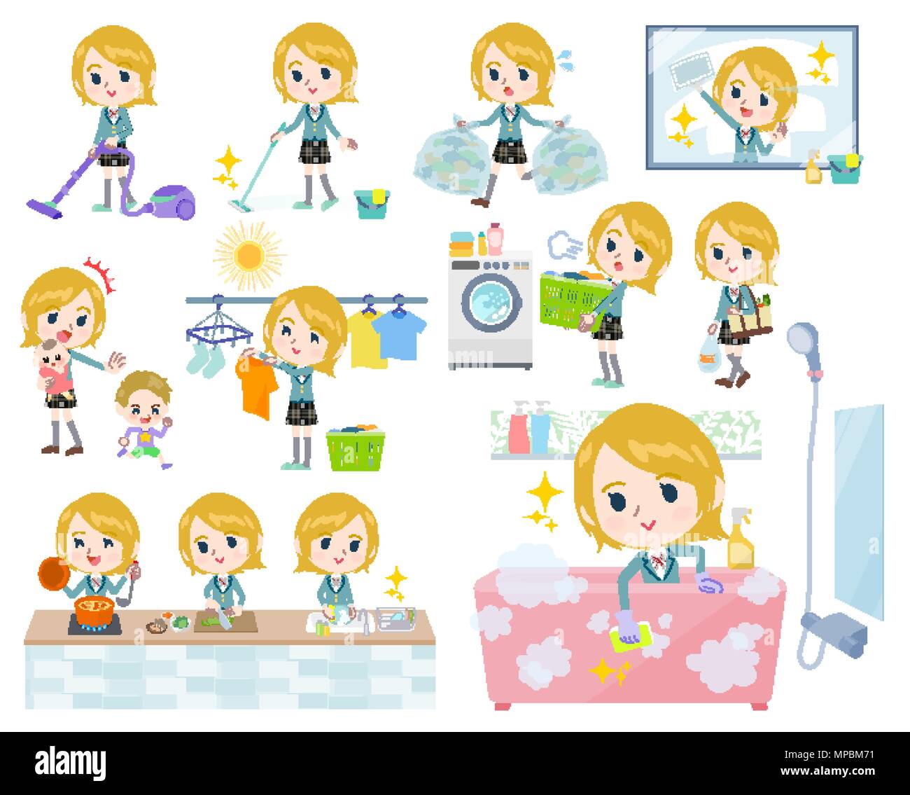 Set of various poses of Schoolgirl White Housekeeping Stock Vector ...