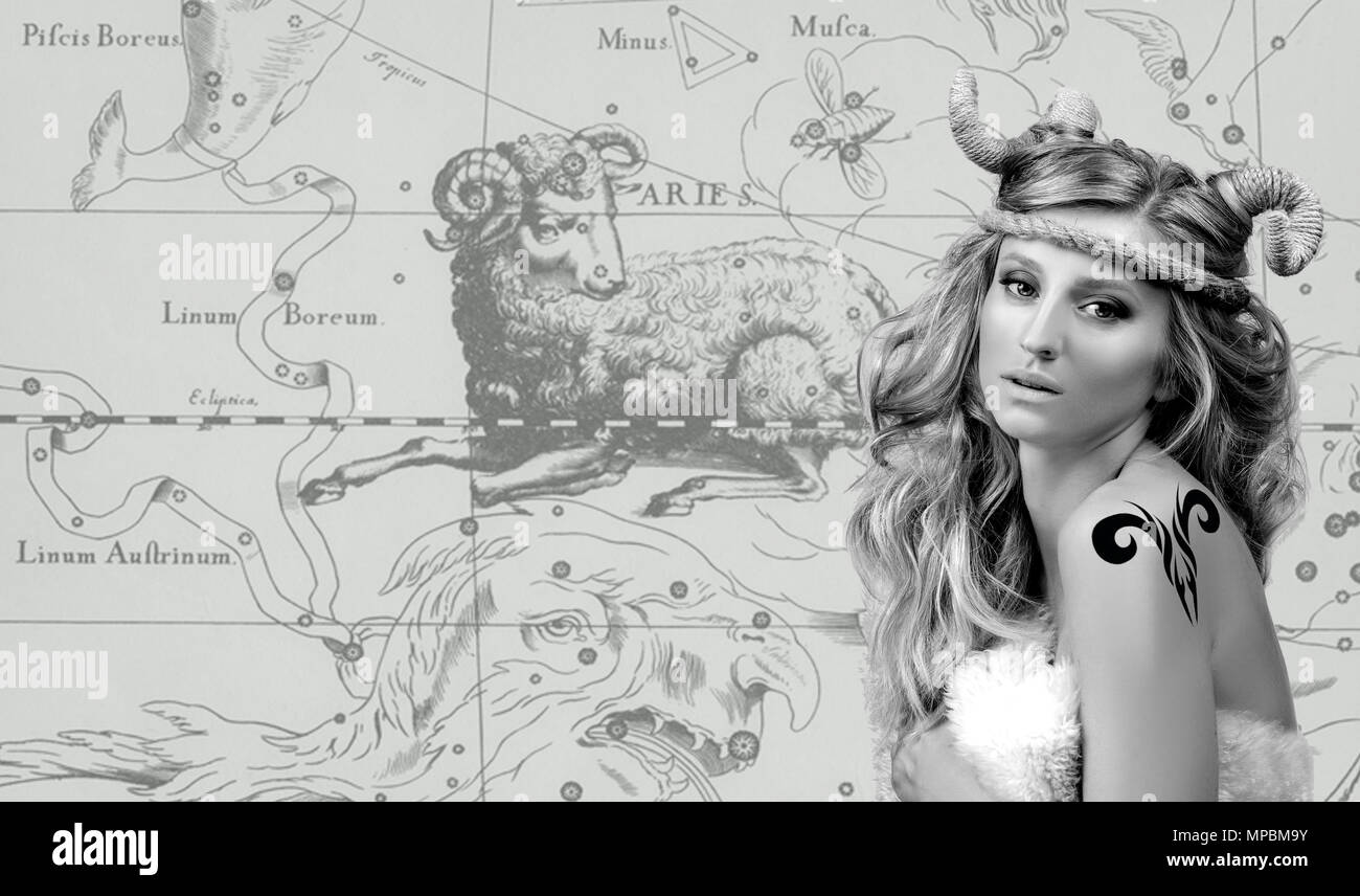 Astrology. Aries Zodiac Sign. Beautiful woman with horns Stock Photo ...