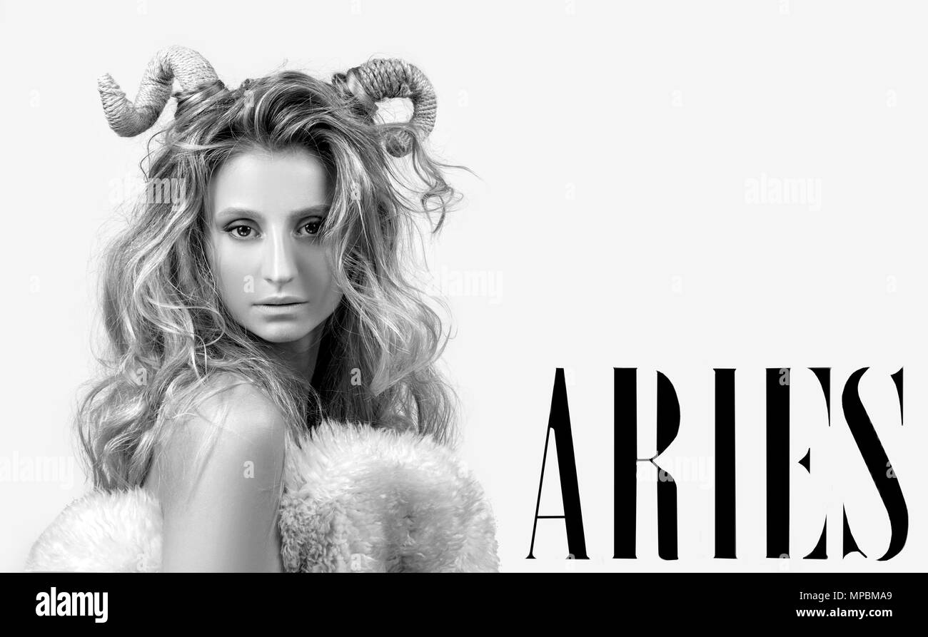 Astrology. Aries Zodiac Sign. Beautiful woman with horns Stock Photo ...