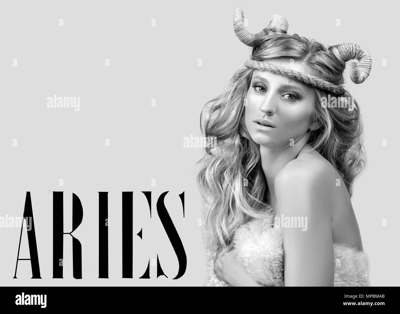 Astrology. Aries Zodiac Sign. Beautiful woman with horns Stock Photo ...