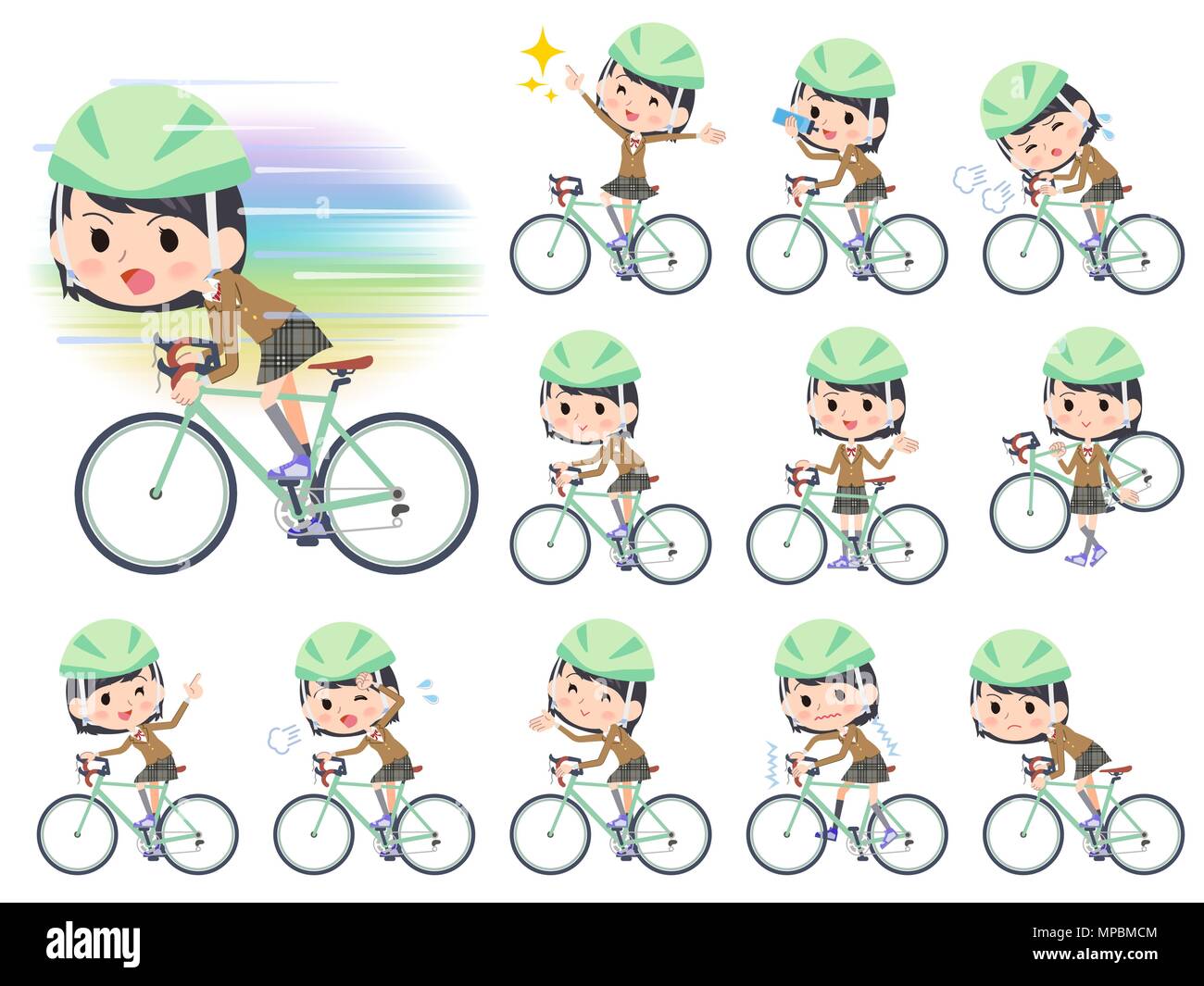 Set of various poses of school girl Brown Blazer ride on rode bicycle ...