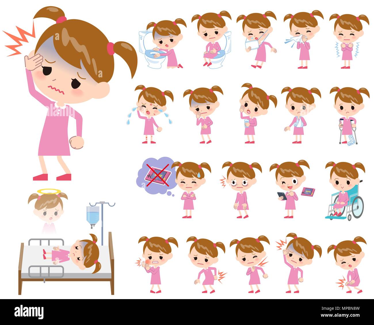 Set of various poses of Pink clothing girl About the sickness Stock ...