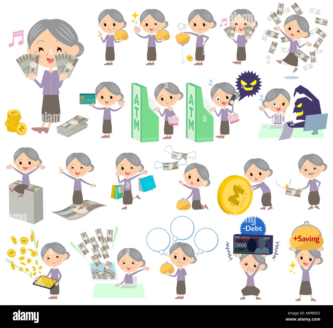 Set of various poses of Purple clothes grandmother money Stock Vector ...