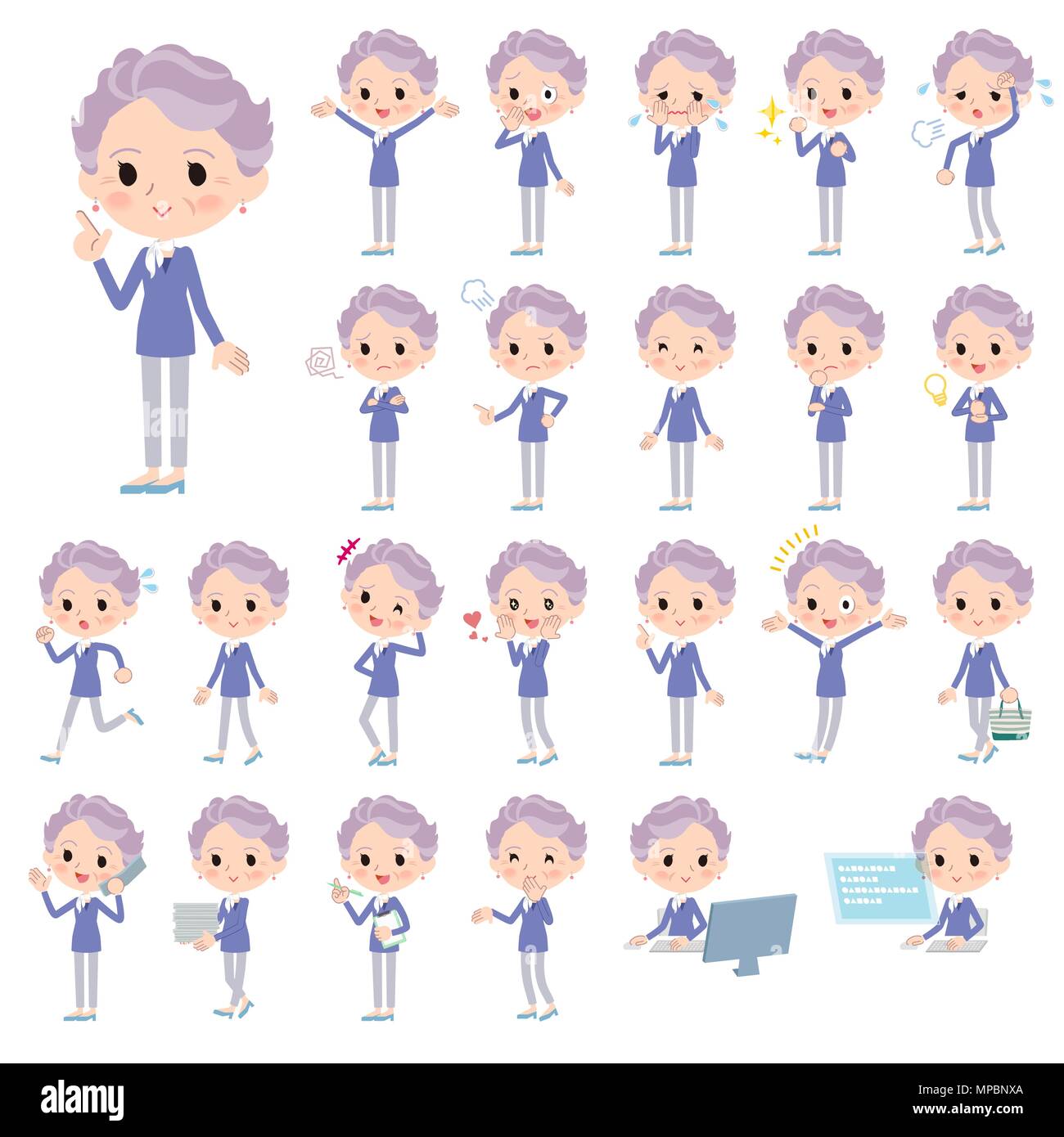 Set of various poses of blue one piece old women 1 Stock Vector Image ...