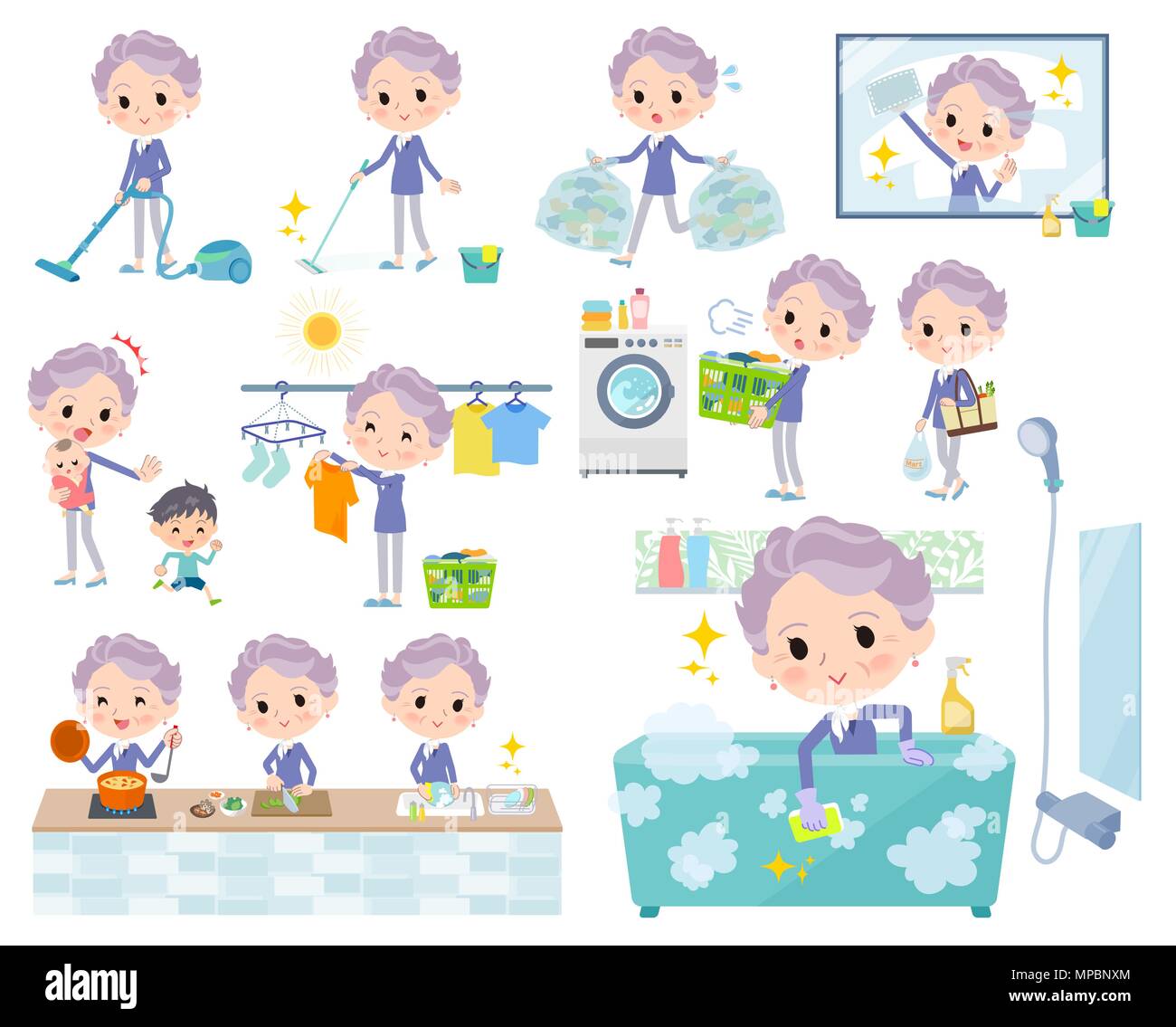 Set of various poses of blue one piece old women housekeeping Stock ...