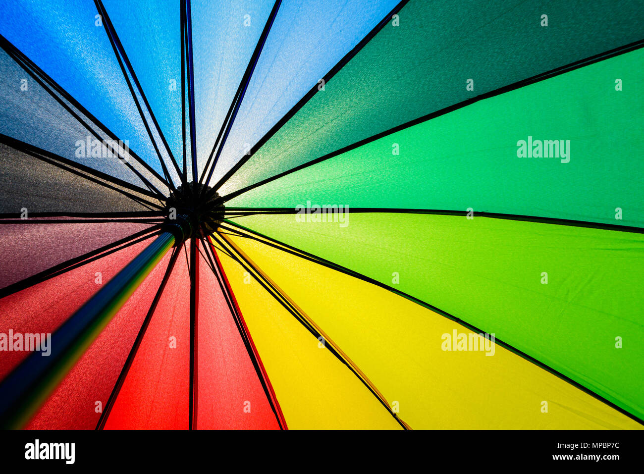 Bottom view of Rainbow umbrella texture background. Summer holiday and ...