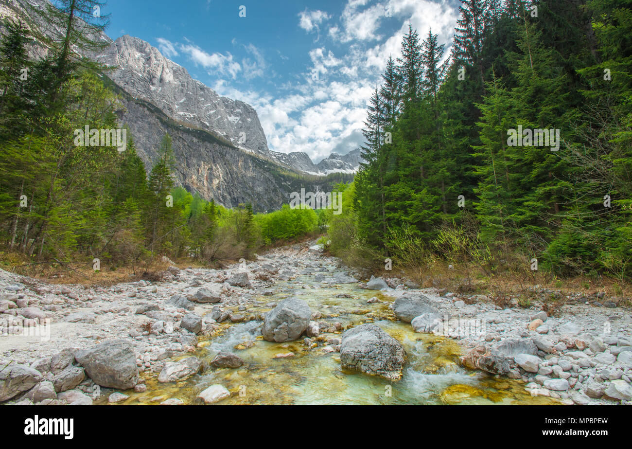 Isonzo - Soca valley bottom. Glacial - fed, crystal clear river flowing ...