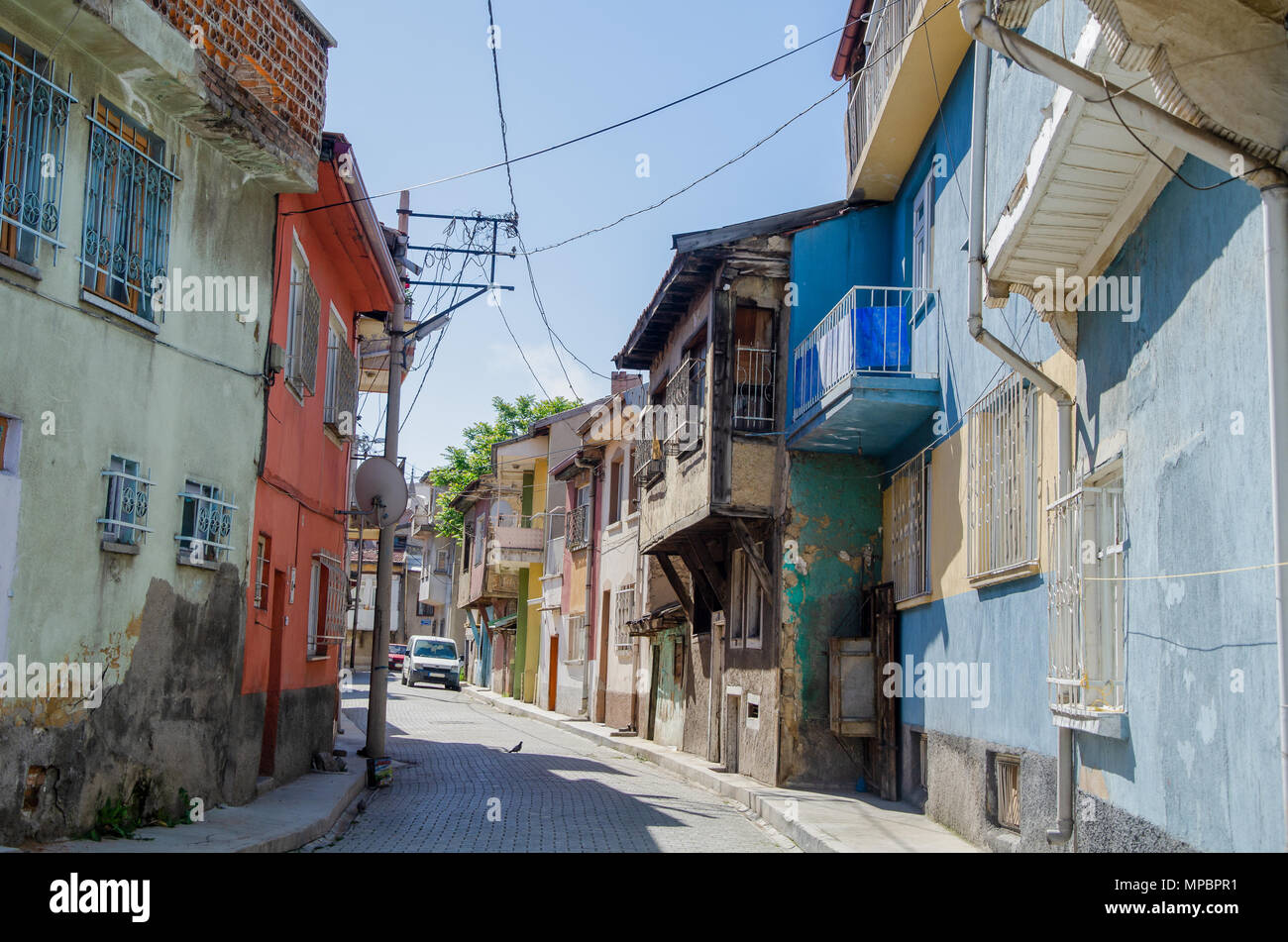 Beautiful old street in downtown with houses with wooden shutters in ...