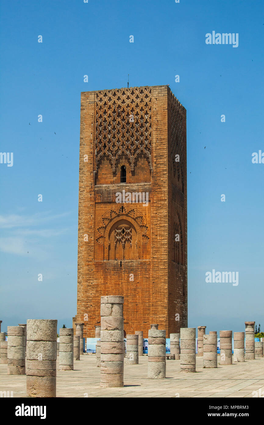 Tour Hassan tower in the square with stone columns. Made of red ...