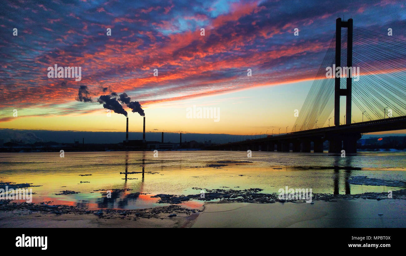 The South bridge at night, Kiev, Ukraine. Bridge at sunset across the ...