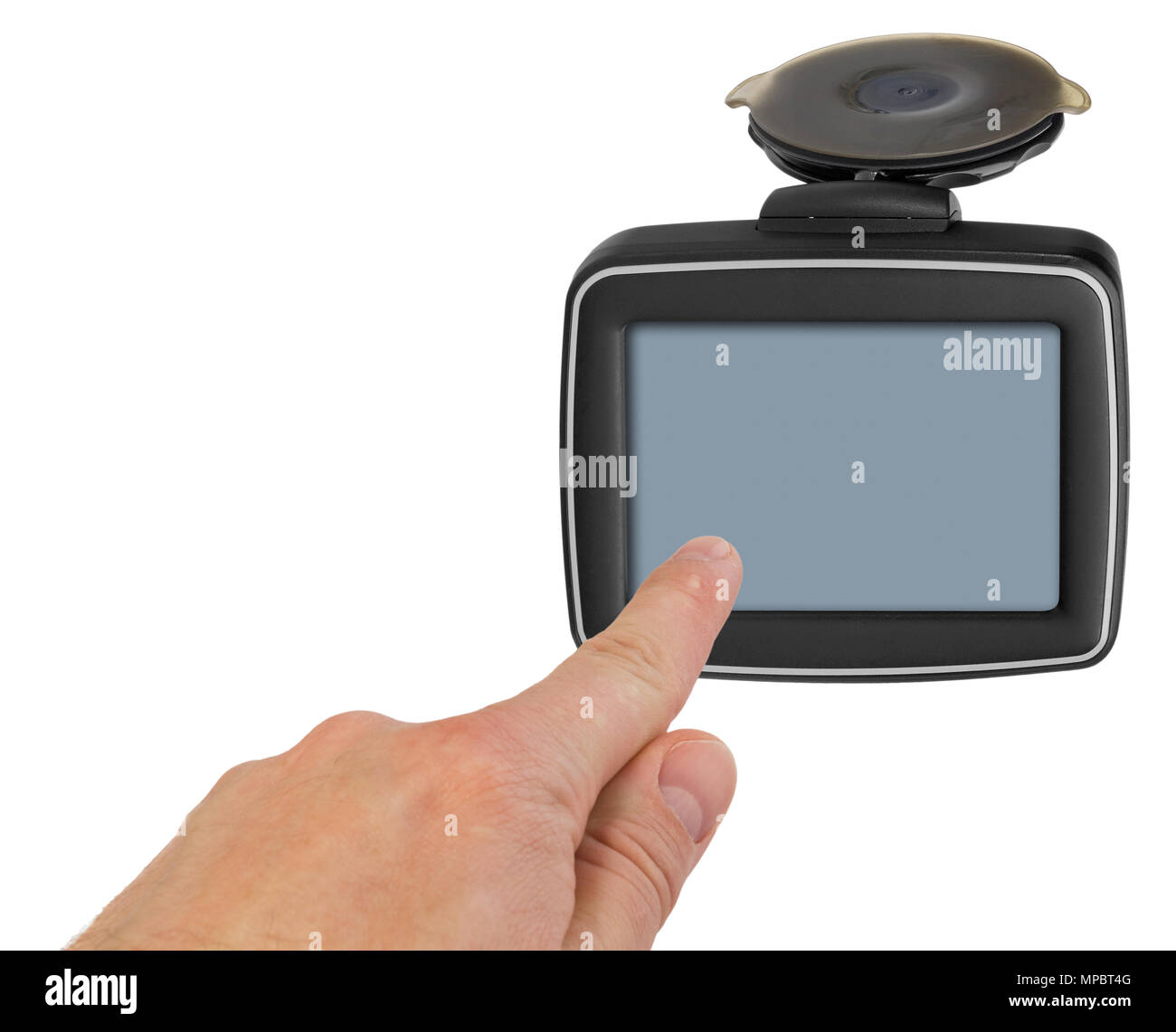 GPS car navigation with handle. The finger indicates the point on the ...