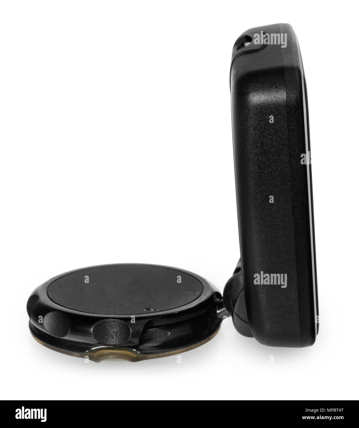 GPS car navigation with handle. Black electronic map device with blue ...