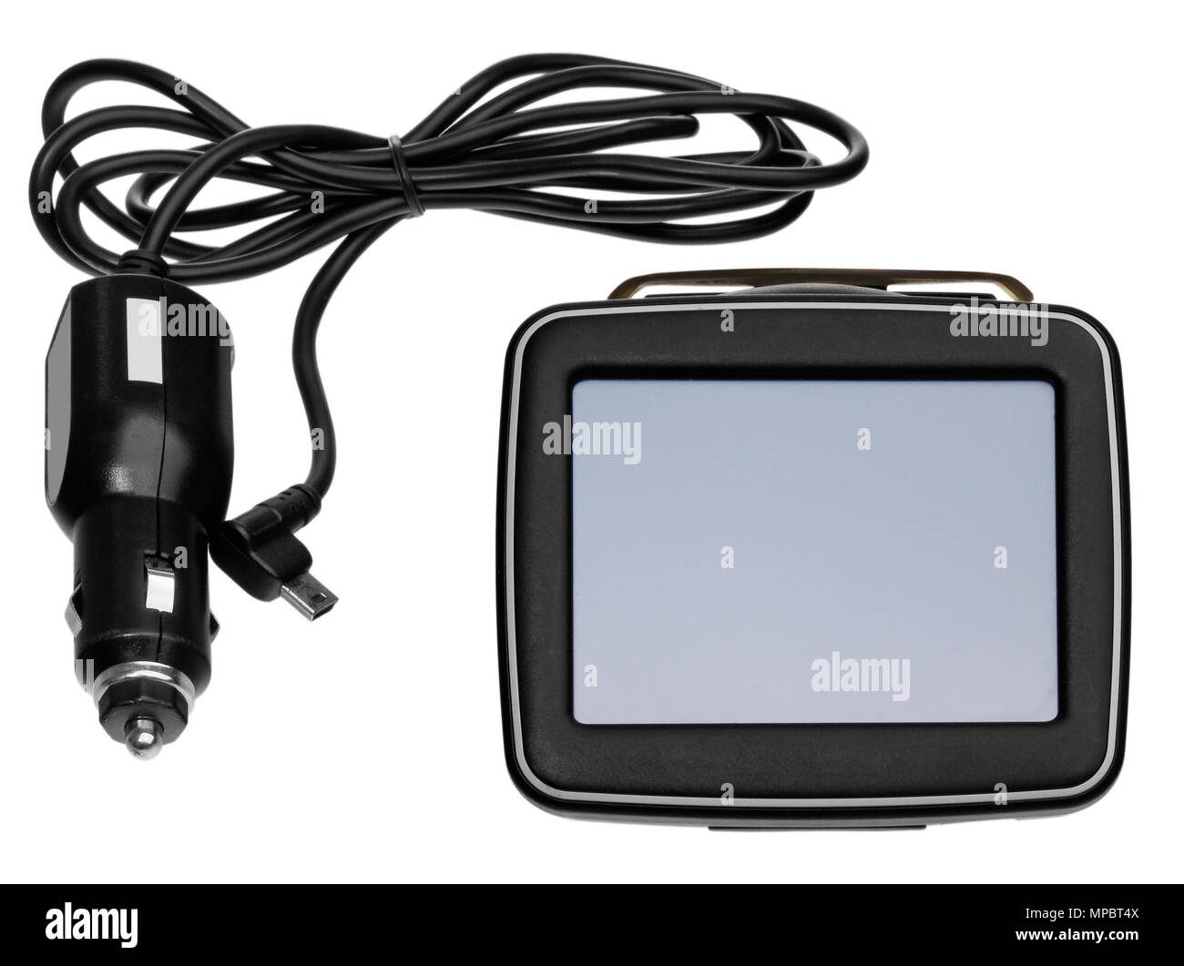 GPS car navigation with handle. Black electronic map device with blue ...