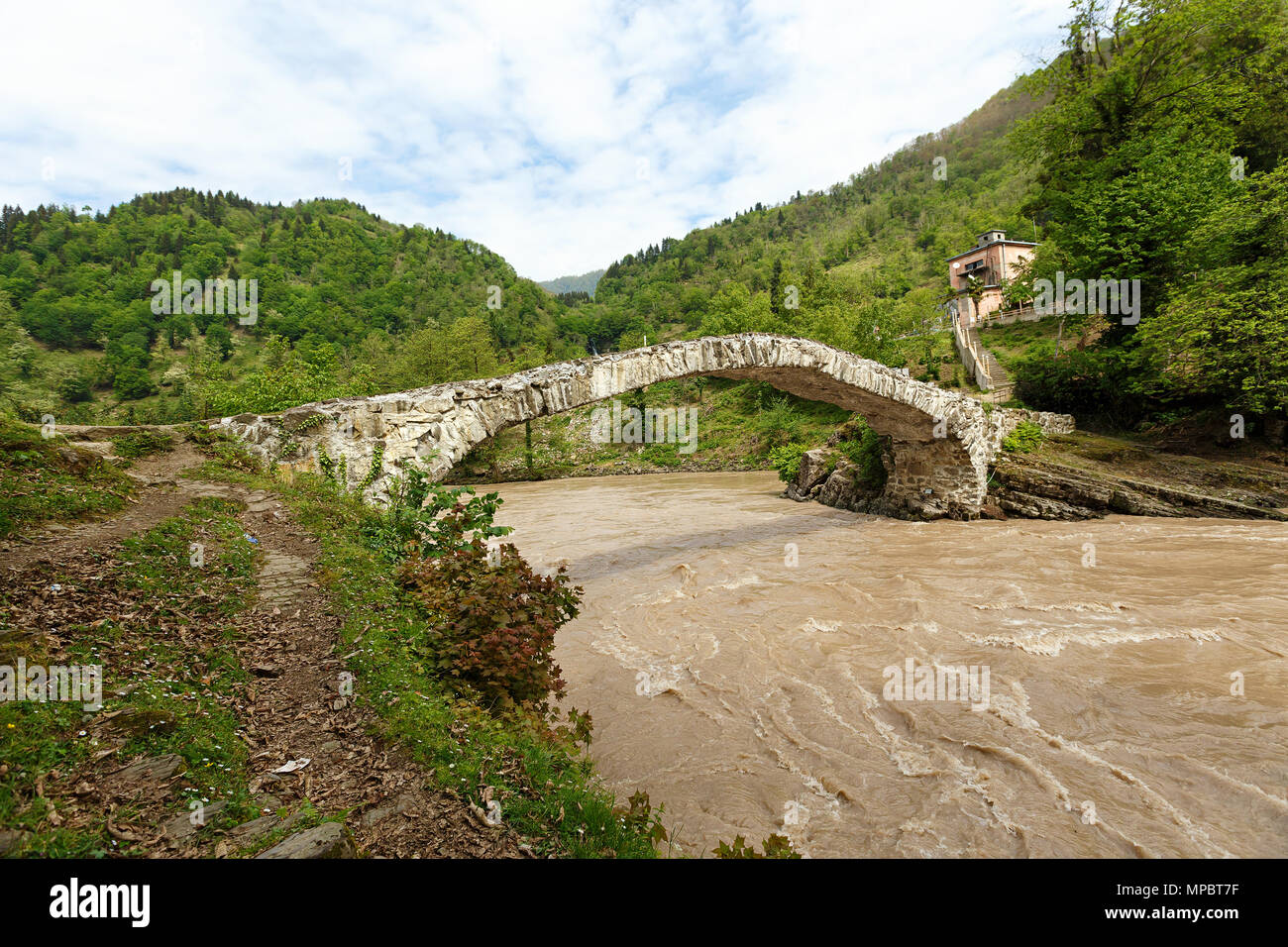 medieval stone bridge over a river in Adjara. Built by Queen Tamara ...