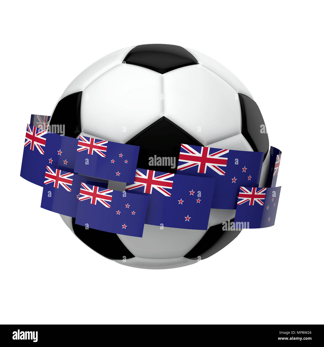Soccer football with New Zealand flag against a plain white background ...
