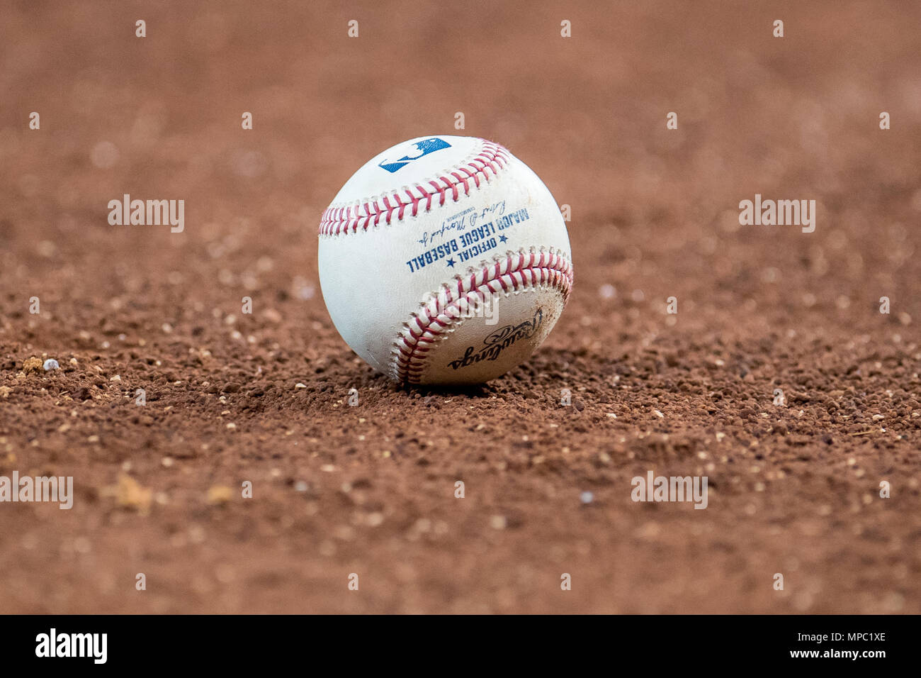 May 19, 2018: An official Major League Baseball Rawlings ball sits on ...