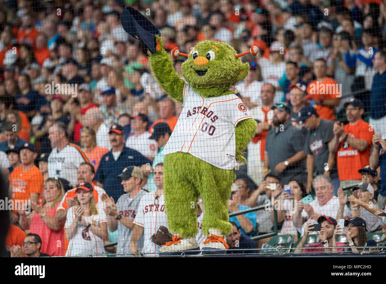 Houston, TX, USA. 19th May, 2018. Houston Astros mascot Orbit tips his ...