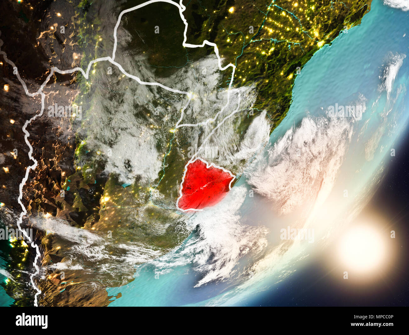 Uruguay from space with highly detailed surface textures and visible ...