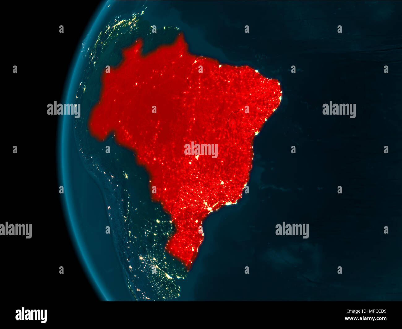 Brazil from orbit of planet Earth at night with highly detailed surface ...