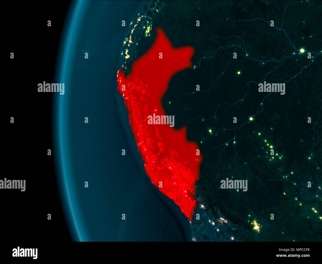 Peru from orbit of planet Earth at night with highly detailed surface ...
