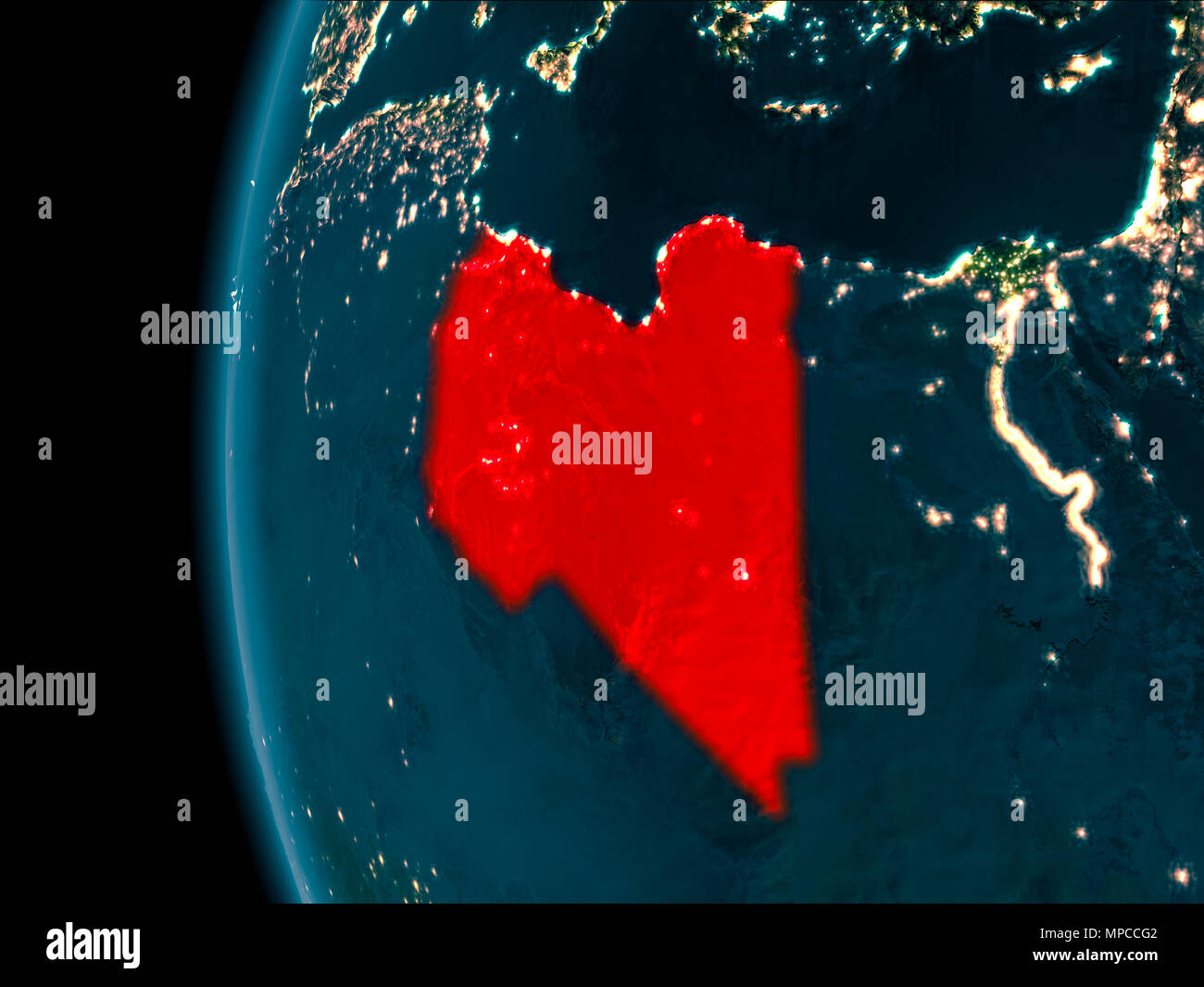 Libya from orbit of planet Earth at night with highly detailed surface ...