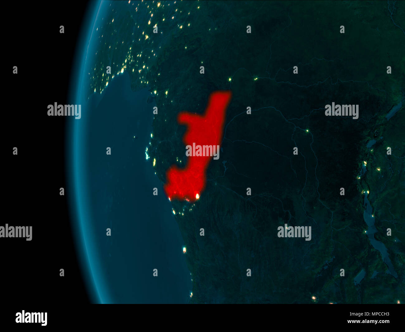 Congo from orbit of planet Earth at night with highly detailed surface ...