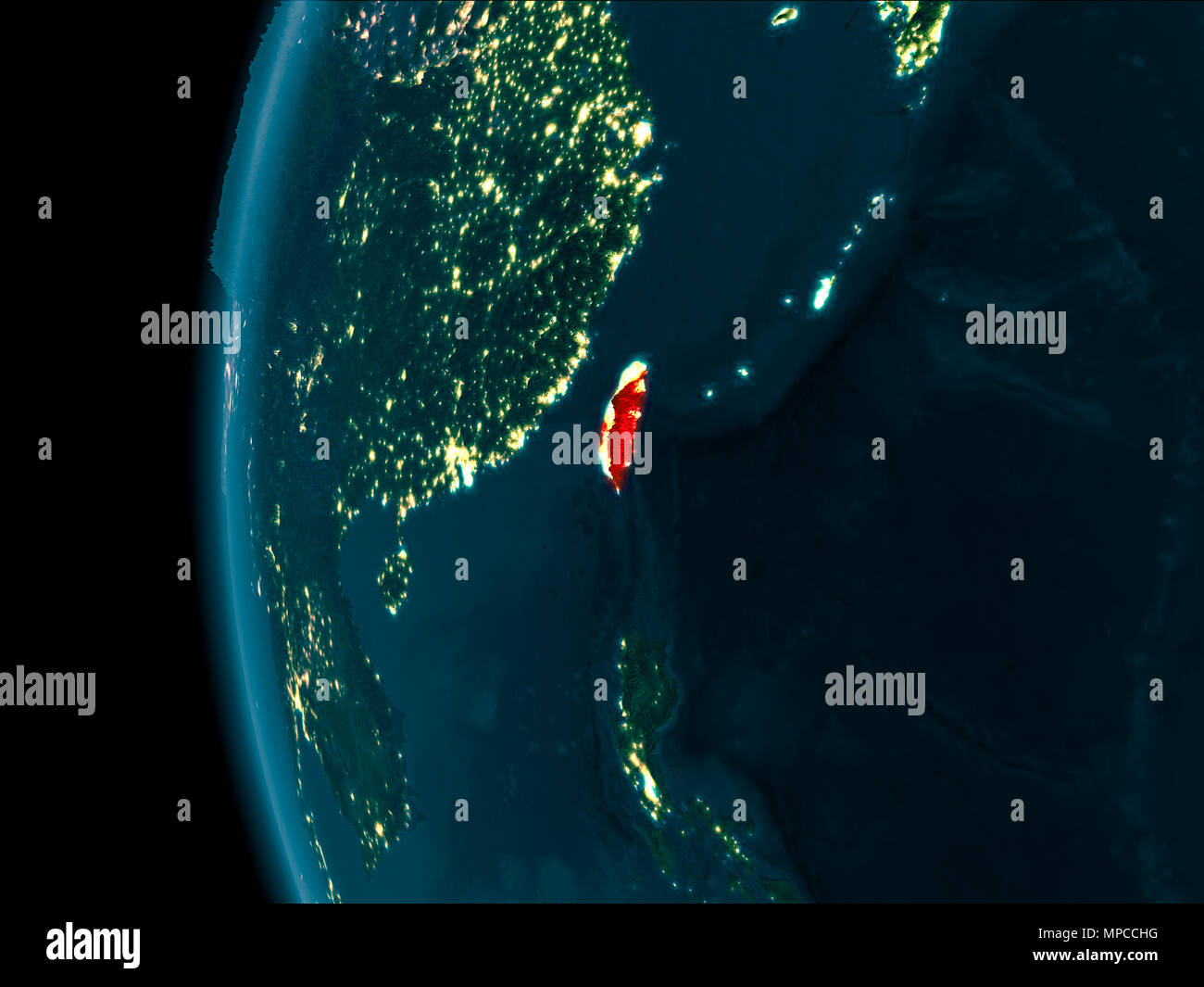 Taiwan from orbit of planet Earth at night with highly detailed surface ...