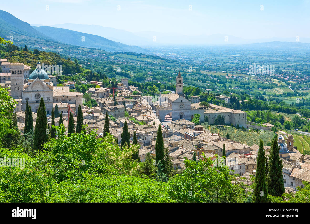 Italy,Umbria,Assisi,the town and the valley seen from La Rocca castle ...