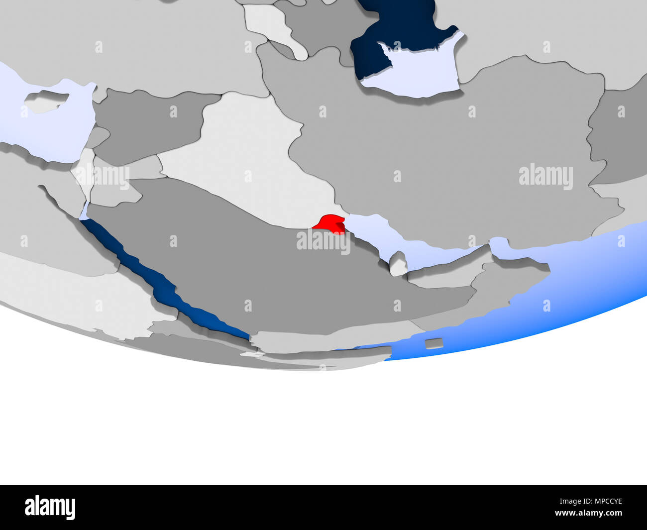 Kuwait on 3D model of political globe with transparent oceans. 3D ...